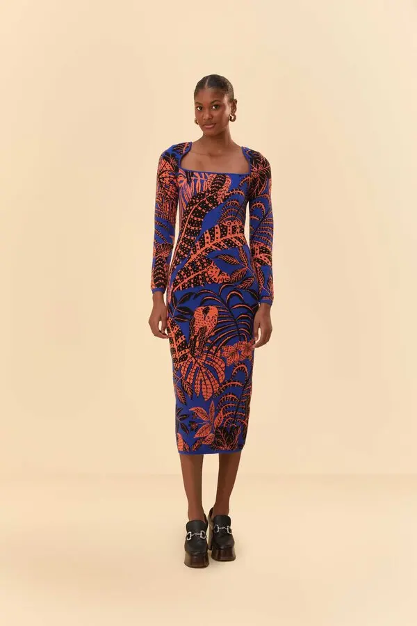 Farm Rio Tropical Print Long Sleeve Dress - Tropical Gold Blue |  Editorialist