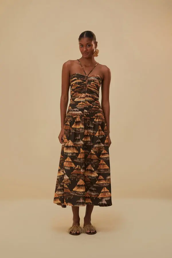 Farm Rio Brown Shuhu Maxi Dress Sleeveless - Shuhu Brown