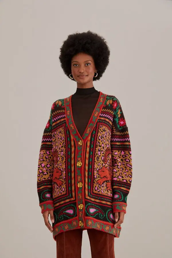 Farm Rio Mixed Tapestry Prints Knit Cardigan