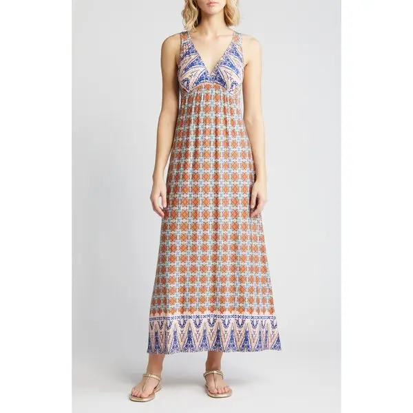 Loveappella Border Print Sleeveless Jersey Maxi Dress - Blush
