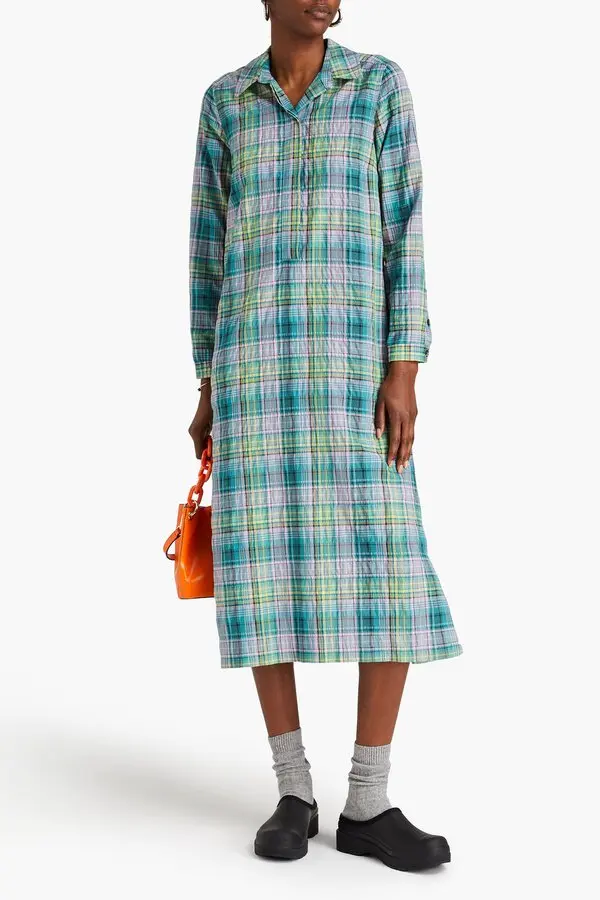 knee length dresses for ladies Seersucker Check Gathered U-Neck Midi Dress in Lagoon