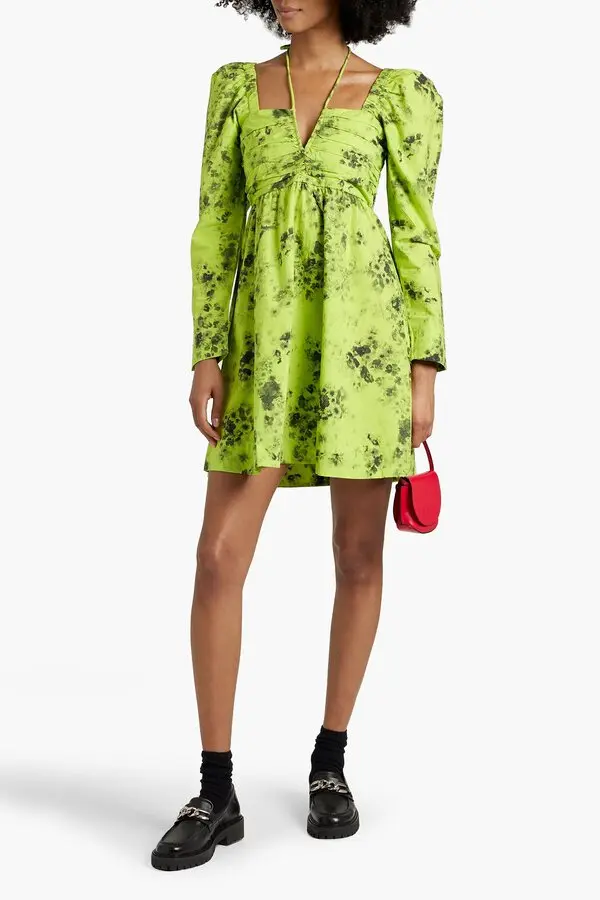 Ganni Ruched Floral-Print Cotton-Poplin Mini Dress In Lime Green - 55% Off