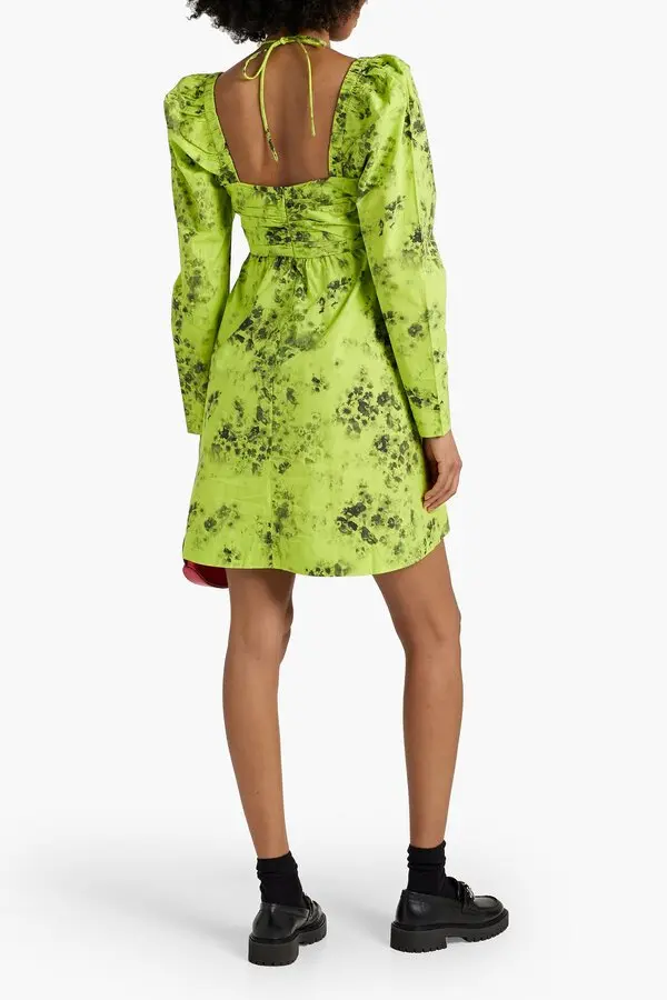 ganni lime green dress Ruched Floral-Print Cotton-Poplin Mini In - 55% Off Ebay