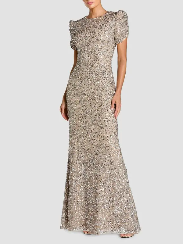 Mac Duggal Beaded Short-sleeve Gown - Beige Silver