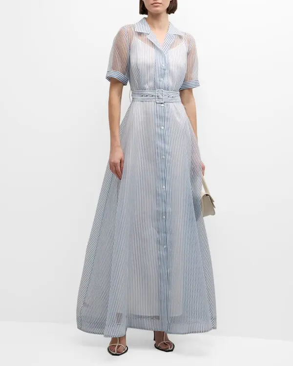 staud millie dress ivory micro stripe Short-sleeve Belted Organza - swatchcolour_brown