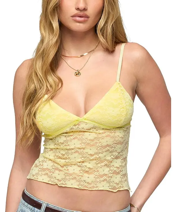 EDIKTED Eira Sheer Lace Tank Top - Yellow