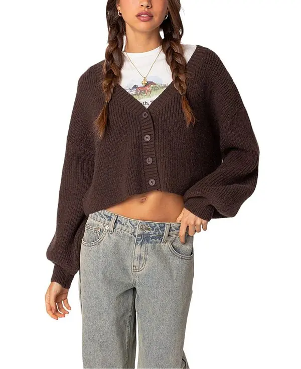 EDIKTED Chunky Knit Cropped Cardigan - Brown