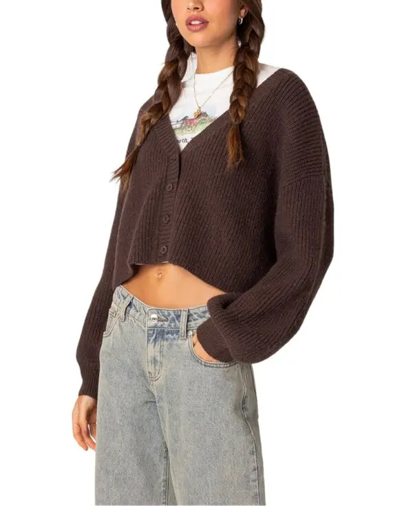 EDIKTED Chunky Knit Cropped Cardigan - Brown