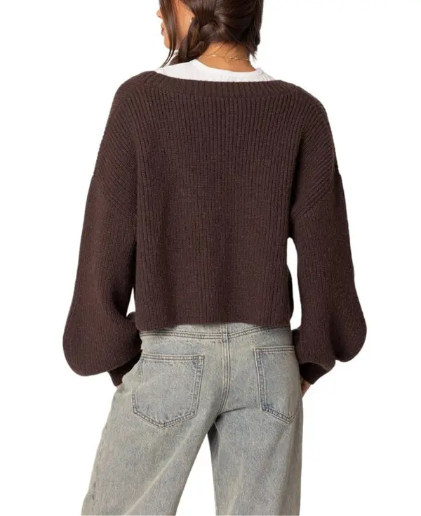 EDIKTED Chunky Knit Cropped Cardigan - Brown