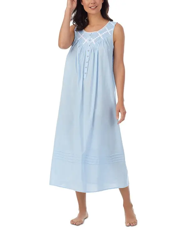 Eileen West Cotton Pintucked Lace Trim Ballet Nightgown - Blue