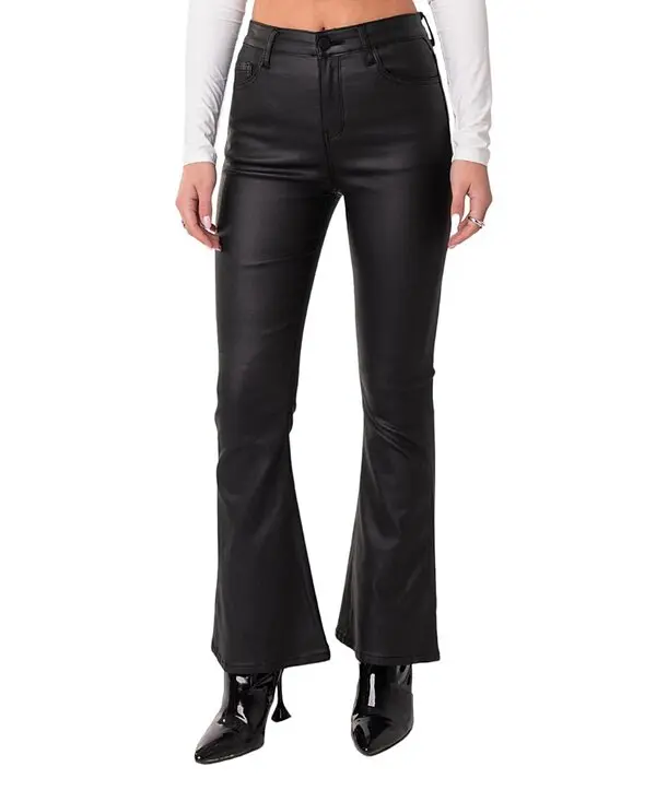 EDIKTED Petite Luna Faux Leather Flare Jeans