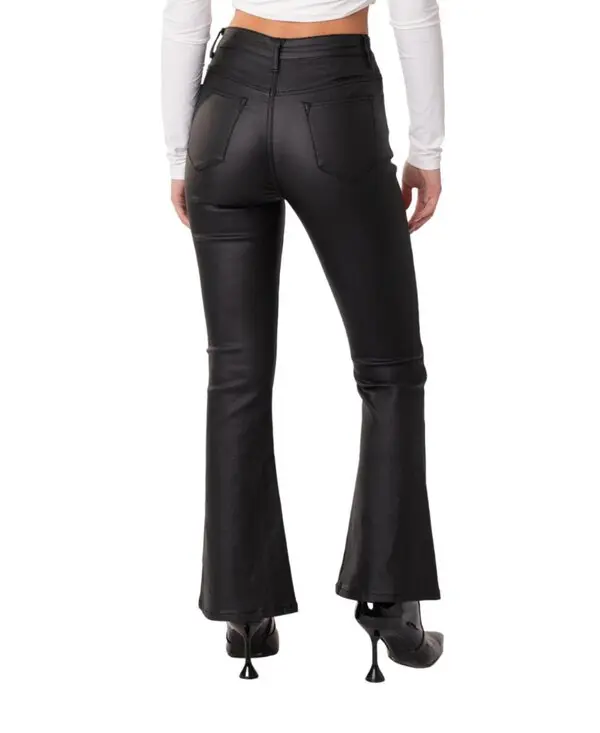 EDIKTED Petite Luna Faux Leather Flare Jeans
