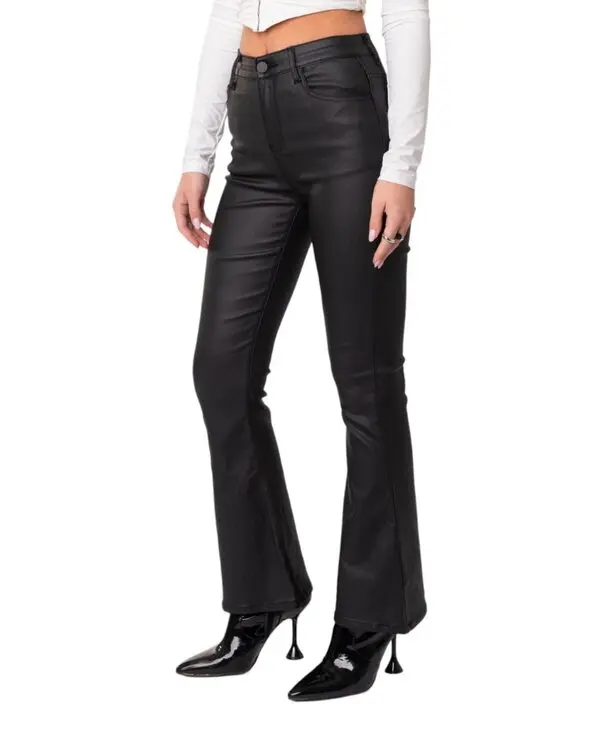 EDIKTED Petite Luna Faux Leather Flare Jeans