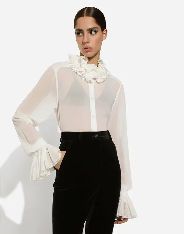 Dolce & Gabbana Silk Georgette Shirt With Pleated Cuffs - White
