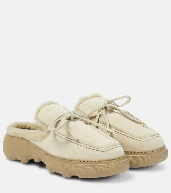 Burberry Ekd Shearling-lined Suede Mules - Neutrals