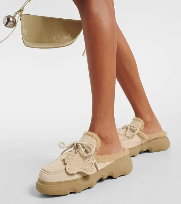 Burberry Ekd Shearling-lined Suede Mules - Neutrals