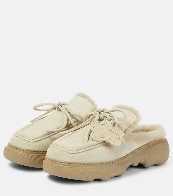 Burberry Ekd Shearling-lined Suede Mules - Neutrals