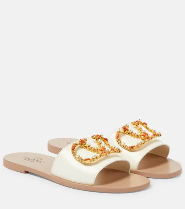 Valentino Garavani Vlogo Signature Embellished Leather Slides - White