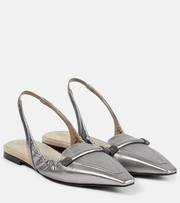 Brunello Cucinelli Metallic Leather Slingback Flats - Silver