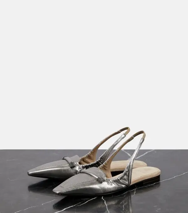 Brunello Cucinelli Metallic Leather Slingback Flats