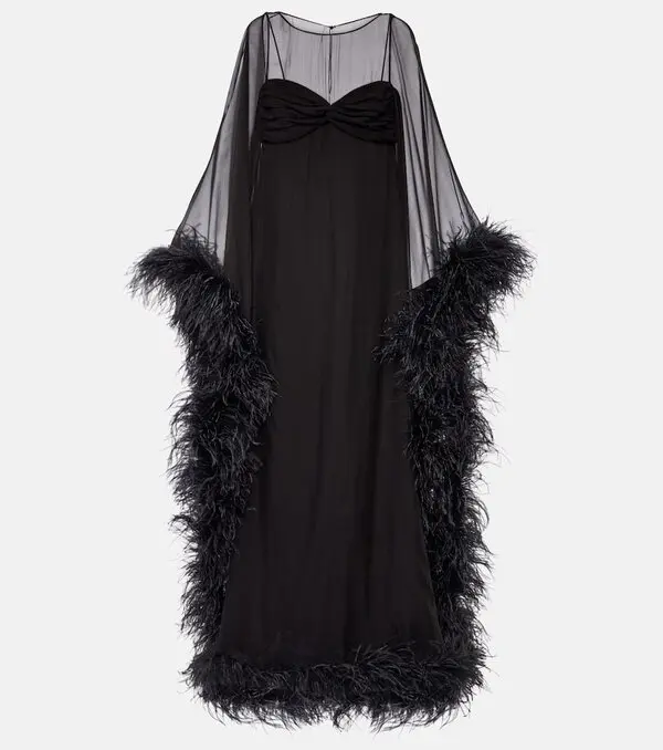 Valentino Garavani Caped Feather-trimmed Silk Gown