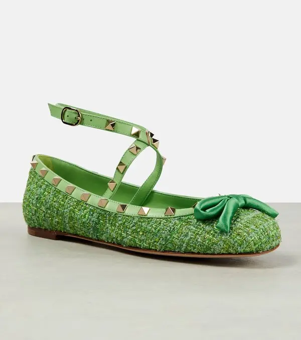 Valentino Garavani Rockstud Tweed Lamé Ballet Flats - Green