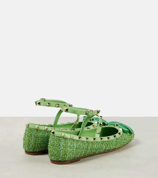 Valentino Garavani Rockstud Tweed Lamé Ballet Flats - Green
