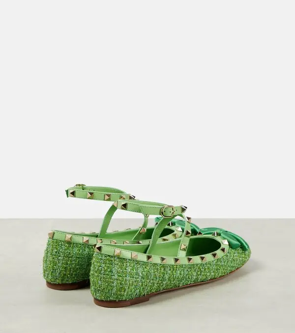 Valentino Garavani Rockstud Tweed Lamé Ballet Flats - Green