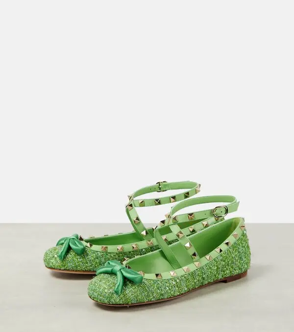 Valentino Garavani Rockstud Tweed Lamé Ballet Flats - Green