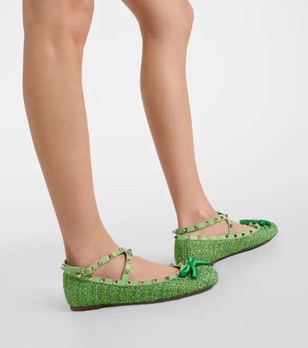 Valentino Garavani Rockstud Tweed Lamé Ballet Flats - Green