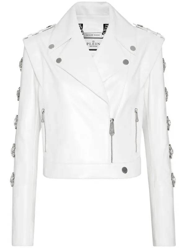 Philipp Plein Crystal-embellished Leather Biker Jacket - White