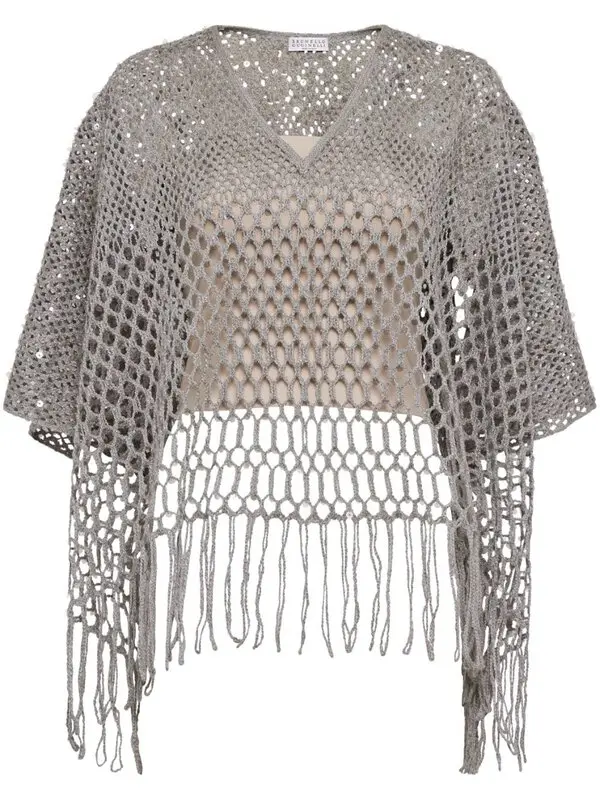 Brunello Cucinelli Sequin-embellished Open-knit Sweater - Grey