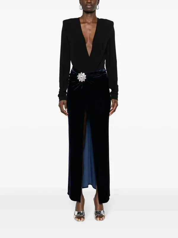 Rabanne Crystal-brooch Velvet Midi Skirt