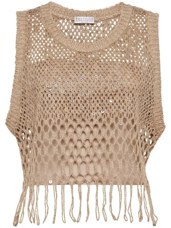Brunello Cucinelli Sequin-embellished Open-knit Vest - Neutrals