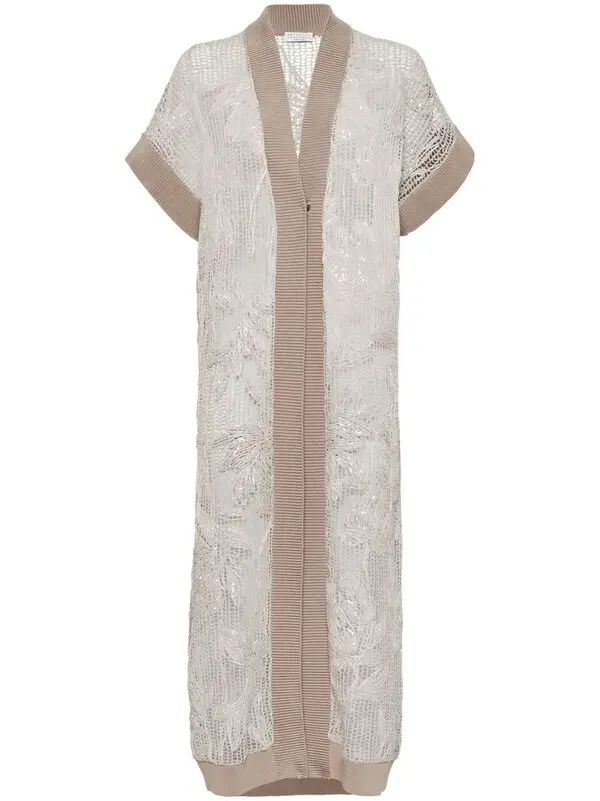 Brunello Cucinelli Magnolia-embroidered Long Cardigan - Neutrals