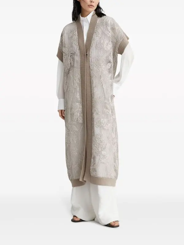 Brunello Cucinelli Magnolia-embroidered Long Cardigan - Neutrals