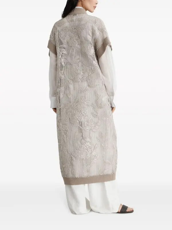 Brunello Cucinelli Magnolia-embroidered Long Cardigan - Neutrals