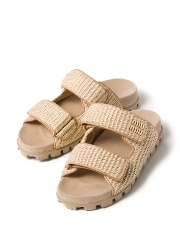 Miu Miu Touch-Strap Raffia Sandals In Neutrals - 31% Off