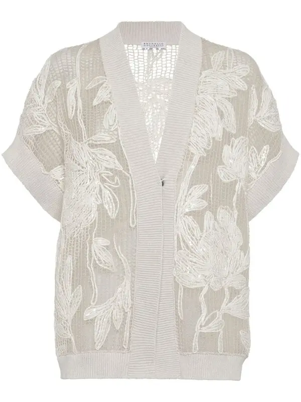Brunello Cucinelli Floral-embroidered V-neck Cardigan - Neutrals