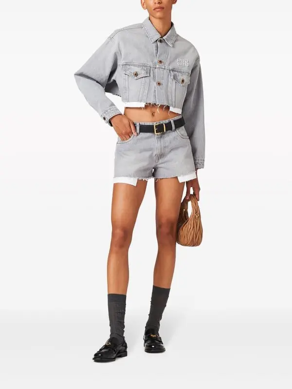 Miu Miu Logo-appliqué Cropped Denim Jacket - Grey