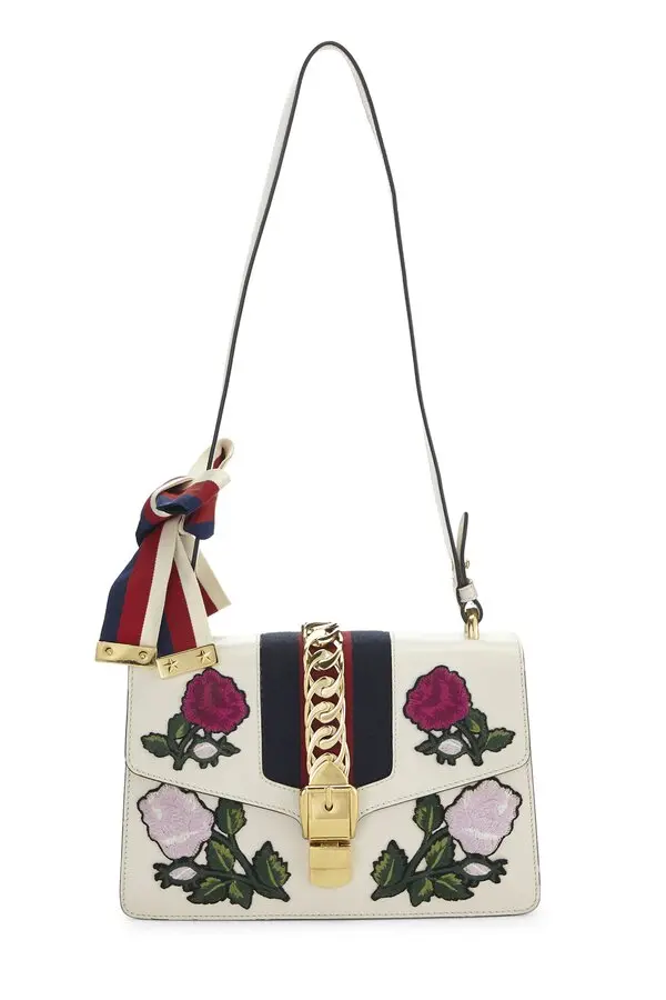 Gucci Leather Embroidered Sylvie Shoulder Bag - White