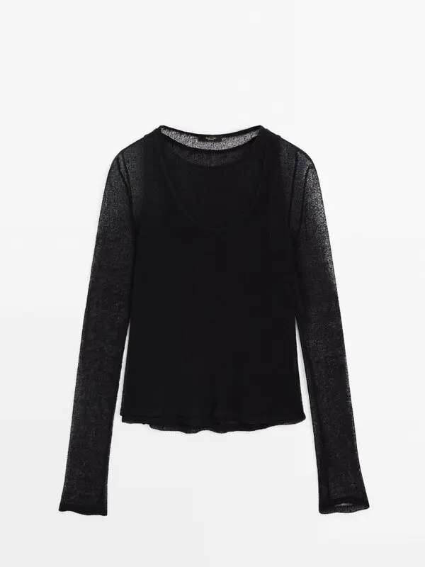 Massimo Dutti Textured Cotton Blend Double-Layer Top - Black
