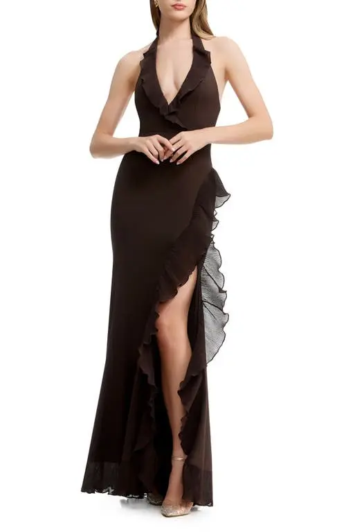 Dress The Population Kathleen Ruffle Halter Gown With Train - Mocha