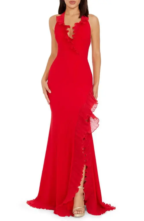 Dress The Population Kathleen Ruffle Halter Gown With Train - Rouge