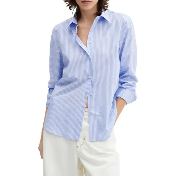 Mango Oversized Striped Shirt - Sky Blue
