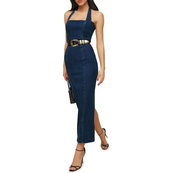 evita denim dress Reformation Evita Denim Midi Dress - Medium Blue - Size 2 - NEW WITH TAGS