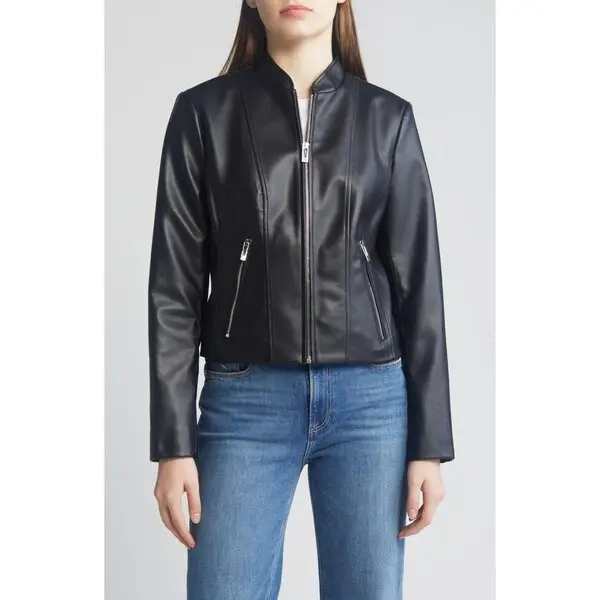 Via Spiga Faux Leather Fitted Jacket - Black