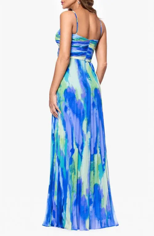 XSCAPE EVENINGS Print Pleated Gown - Lime/ Blue