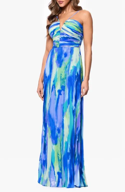 XSCAPE EVENINGS Print Pleated Gown - Lime/ Blue