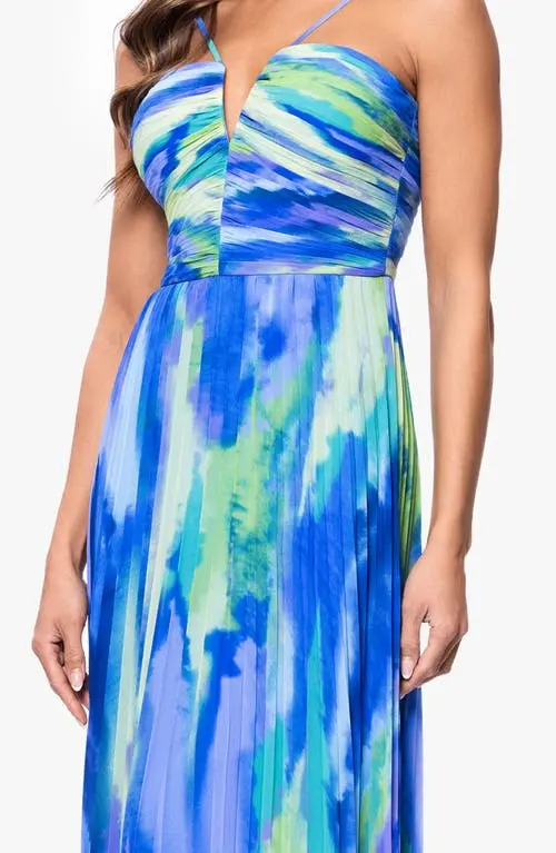 XSCAPE EVENINGS Print Pleated Gown - Lime/ Blue